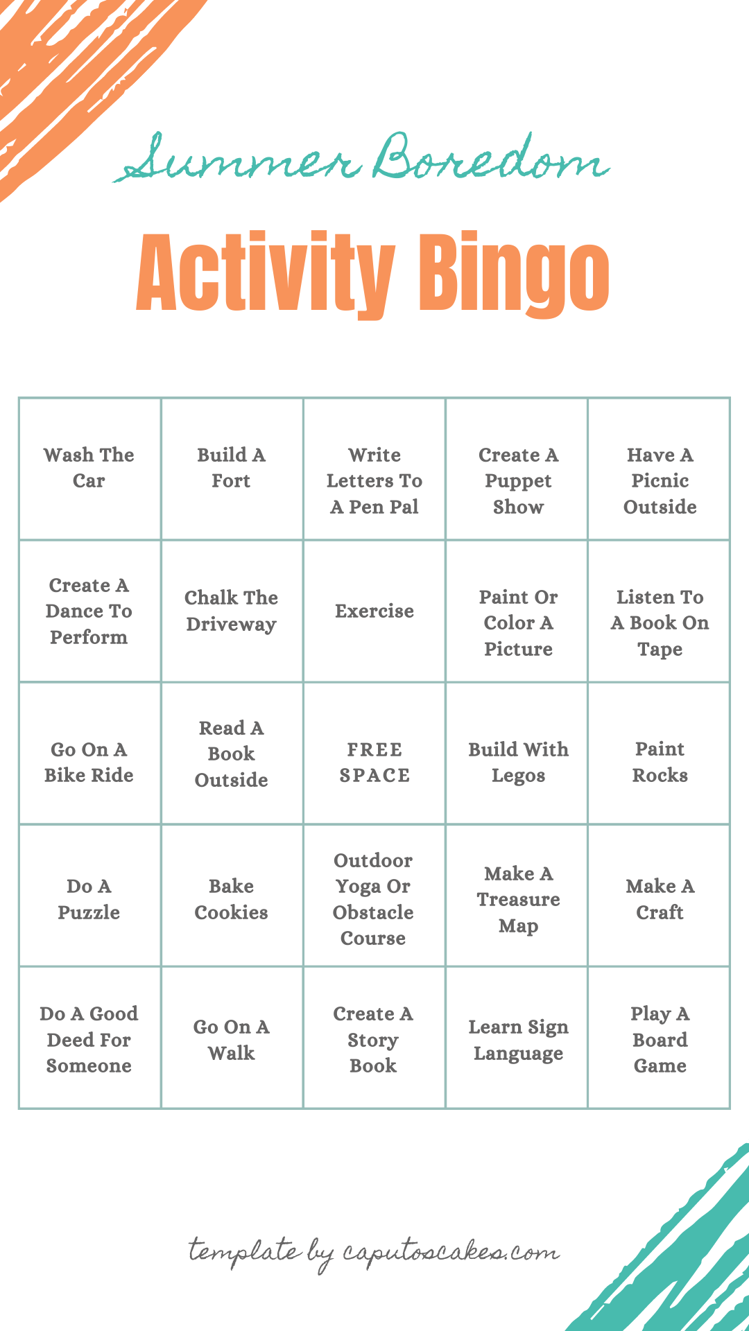Summer Boredom Activity Bingo For Kids: Free Printable - Caputo's Cakes